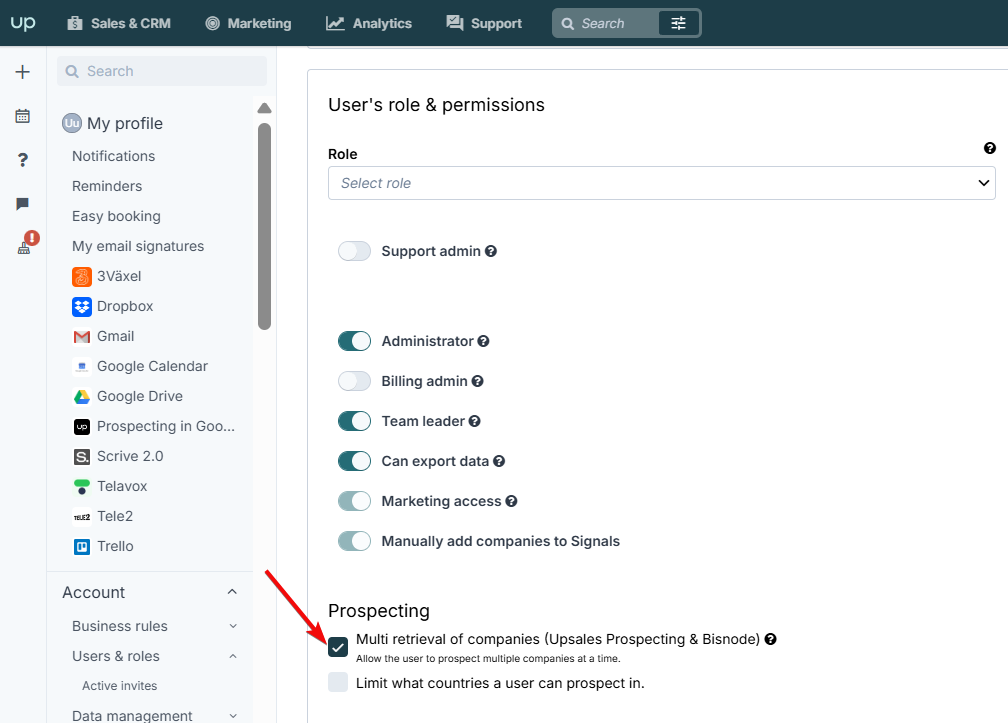 Roles and permissions: Multi-retrieval of companies – Upsales Help Centre